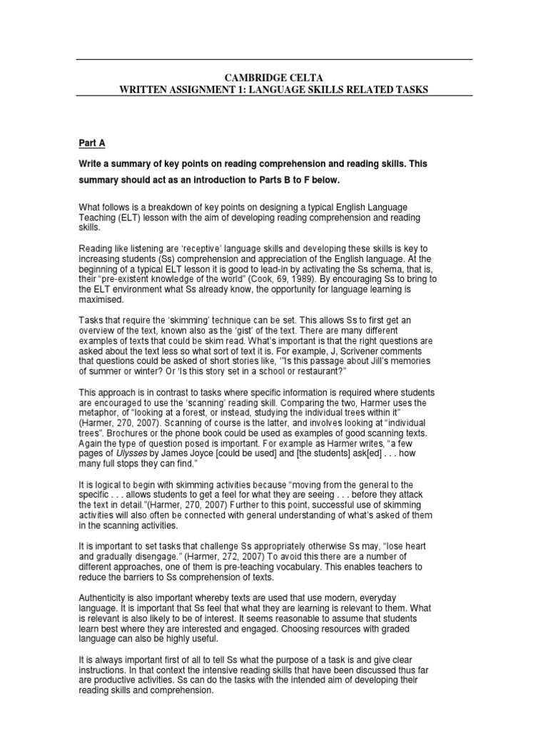 Cambridge Celta Written Assignment 1: Language Skills Related Tasks | PDF | Reading ...
