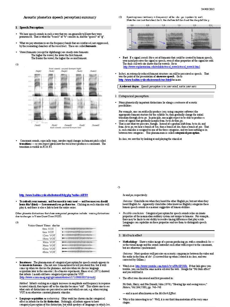 Acoustic Phonetics (Speech Perception) Summary | PDF | Vowel | Perception