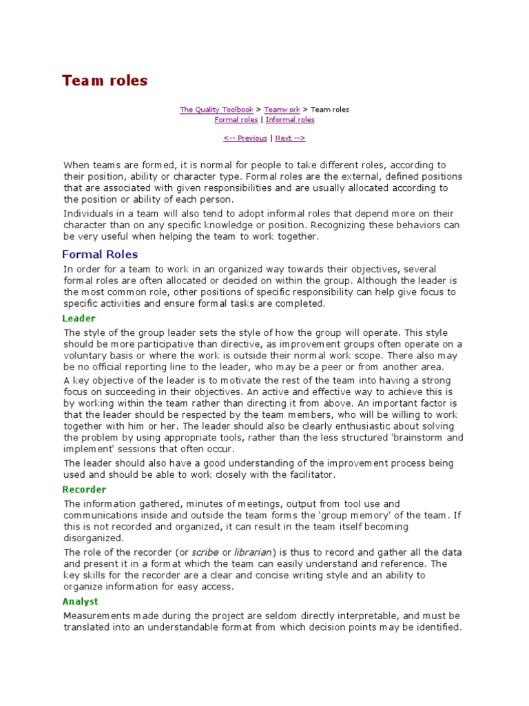 Team Roles: Formal and Informal | PDF | Career & Growth