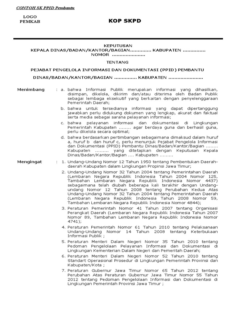 Contoh SK PPID Pembantu Kab. Lumajang | PDF