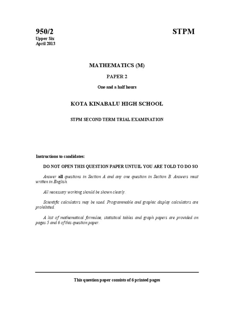 TRIAL STPM Mathematics M 2 (SABAH) SMK Tinggi KotaKinabalu | PDF | Mean ...