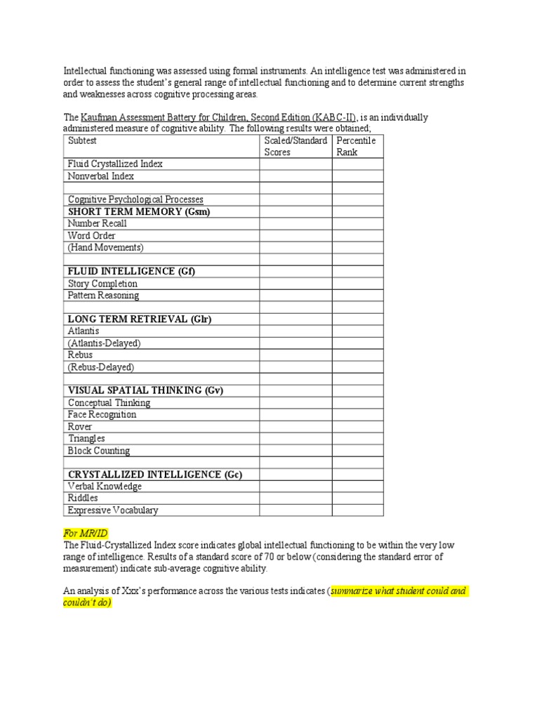 8 Cognitive Template - KABC-II FCI | PDF | Cognitive Neuroscience ...