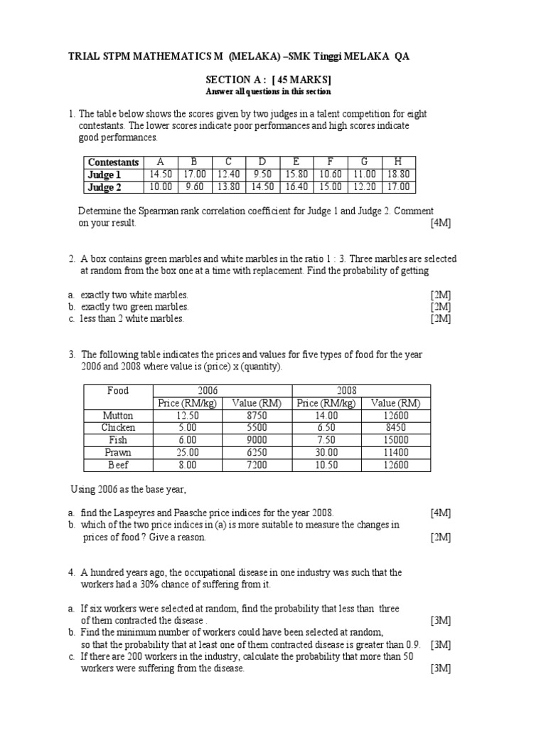STPM Mathematics Trial Exam Melaka | PDF | Mean | Mode (Statistics)
