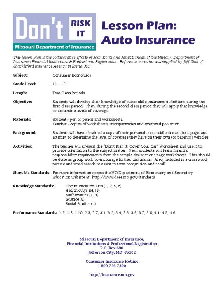 Lesson Plan: Auto Insurance | Download Free PDF | Insurance | Lesson Plan