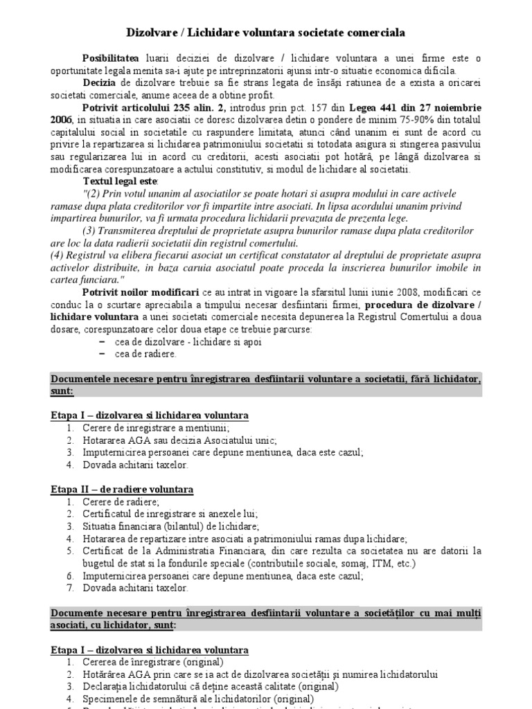 ACTE NECESARE Pentru Dizolvare Si Lichidare Voluntara SC | PDF