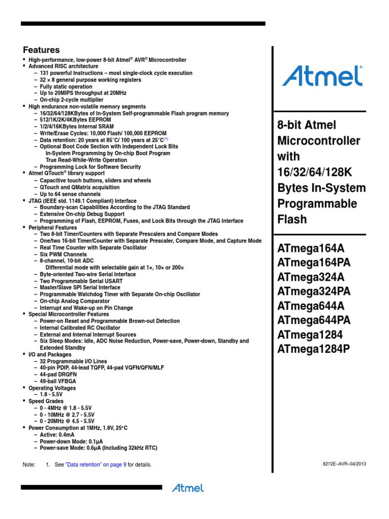 Atmel 8272 8 Bit AVR Microcontroller ATmega164A PA 324A PA 644A PA 1284 ...