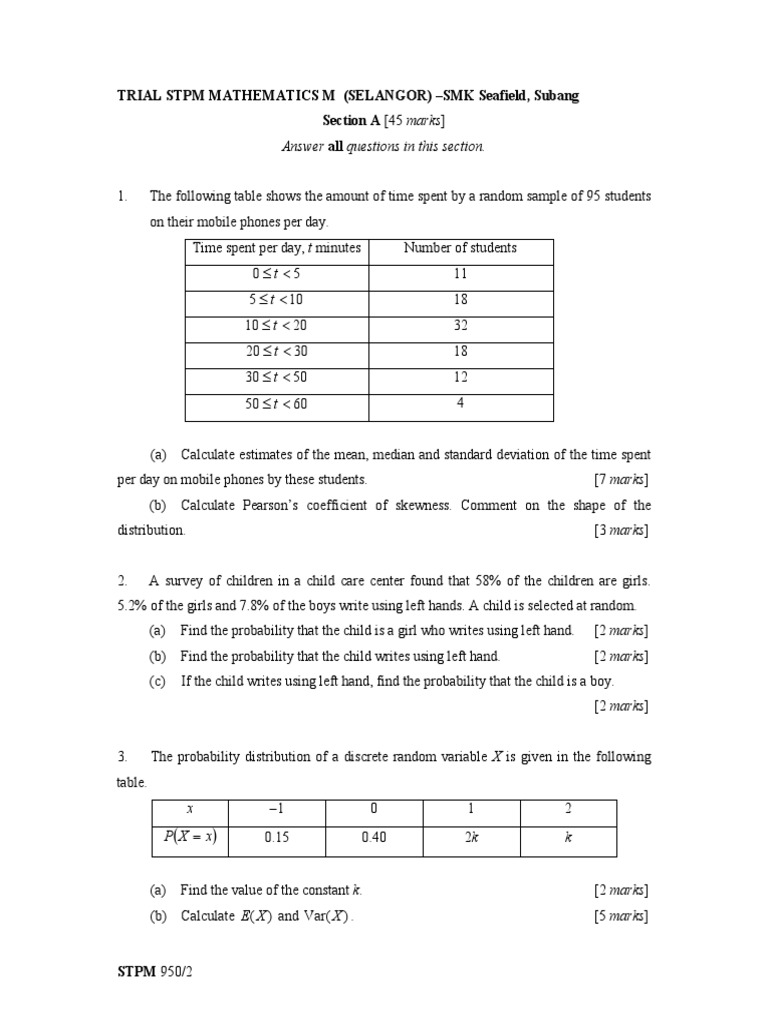 TRIAL STPM Mathematics M 2 (SELANGOR) SMK Seafield,Subang | Skewness ...