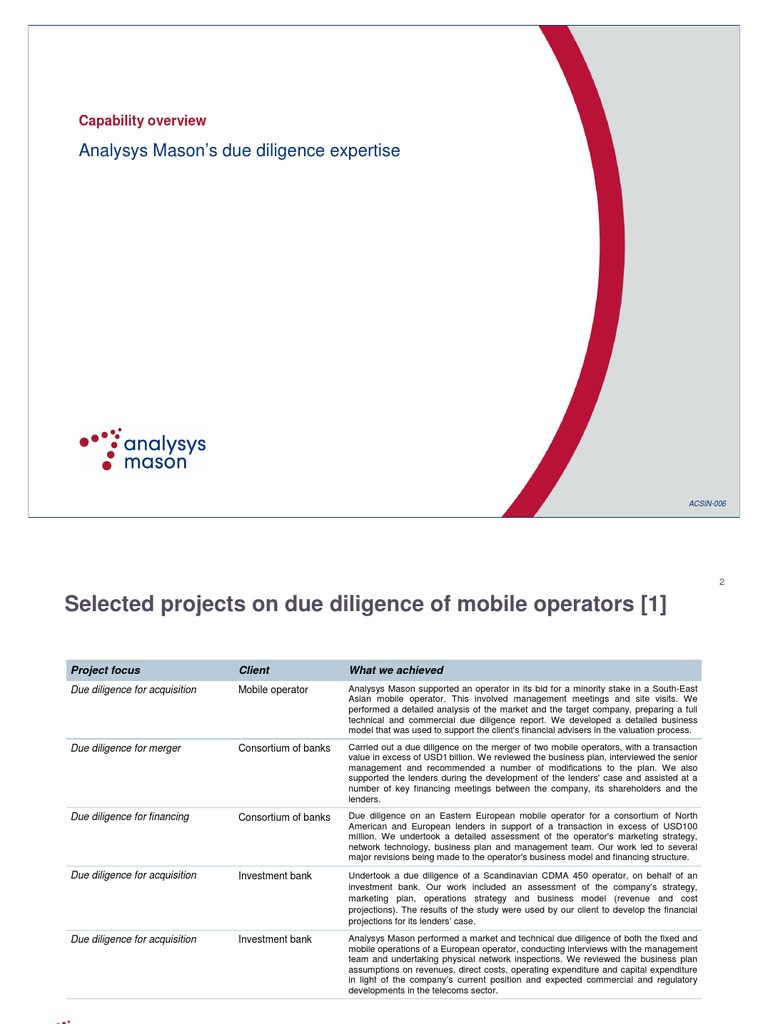 Analysys Mason Due Diligence Expertise | PDF | Mergers And Acquisitions ...