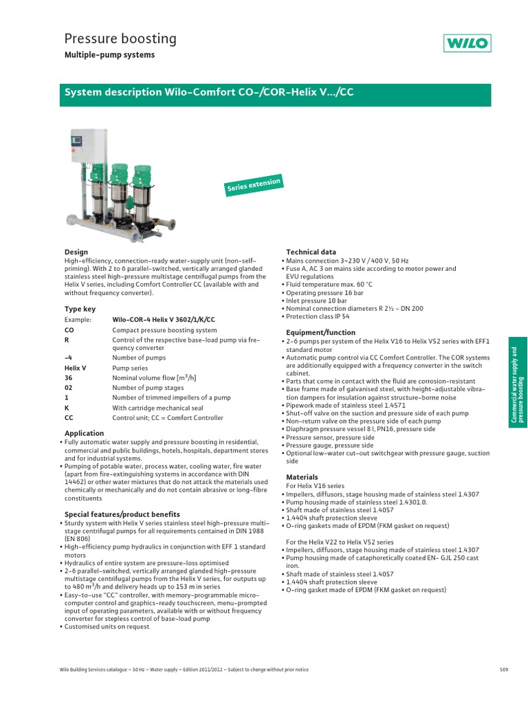 Wilo-COR Helix V Pressure Boosting Systems | PDF | Mains Electricity | Pump