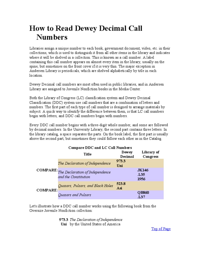 How To Read Dewey Decimal Call Numbers | PDF | Directories | Library ...