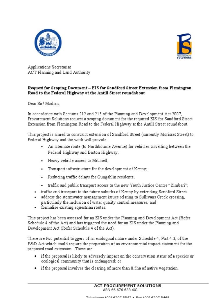 Sandford Street EIS: ACT PS Letter - EIS Application - 28 Oct 09 | PDF ...