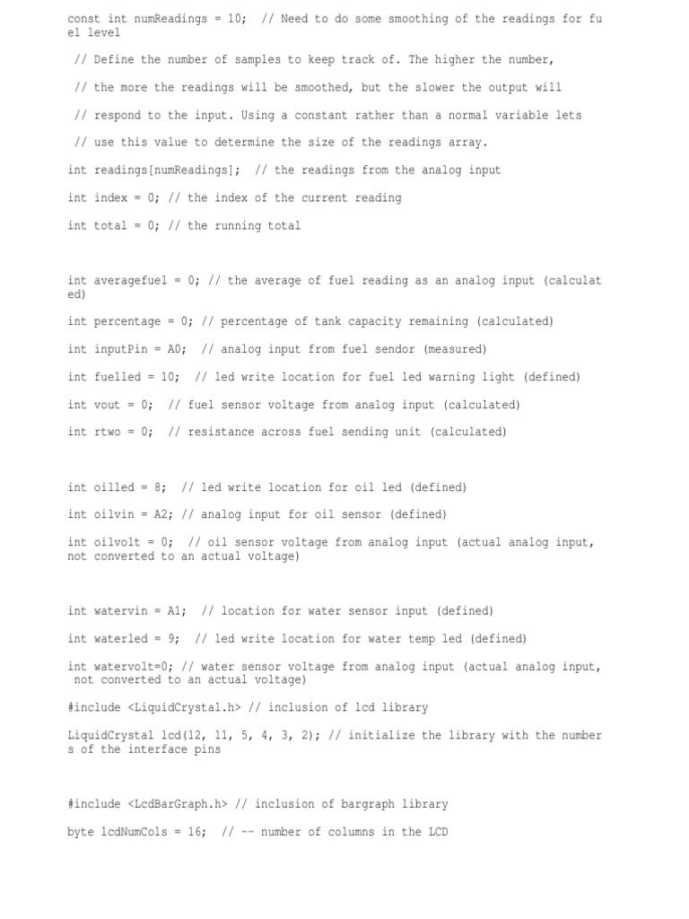 Arduino Fuel Gauge And Warning Lights Sketch Pdf Sensor