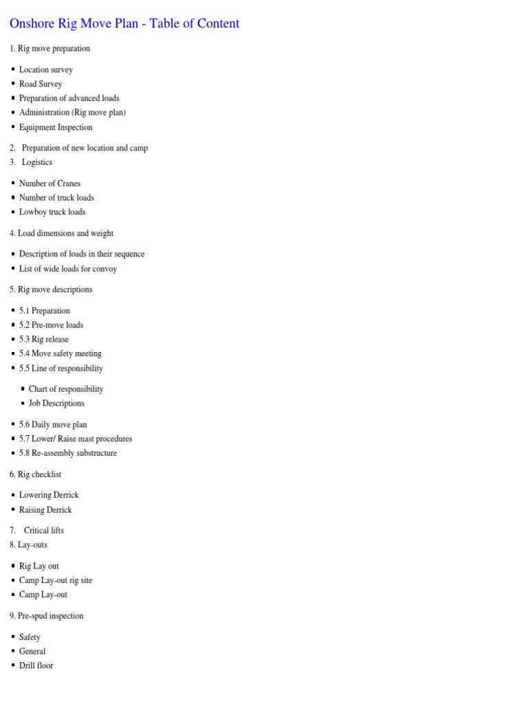 Onshore Rig Move Plan - Table of Content | PDF