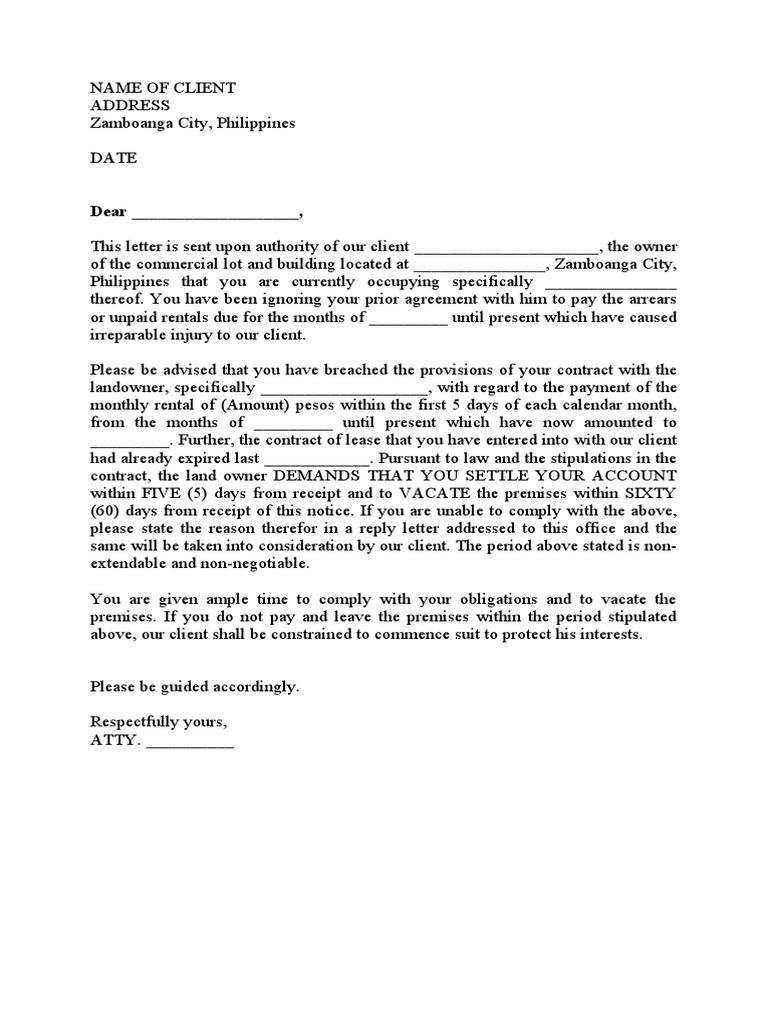 Client Demand Letter for Unpaid Rent and Vacating Premises | PDF