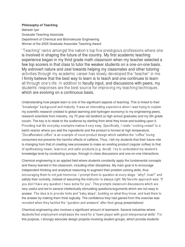 Teaching Statement Example 1 | PDF | Teachers | Scientific Method