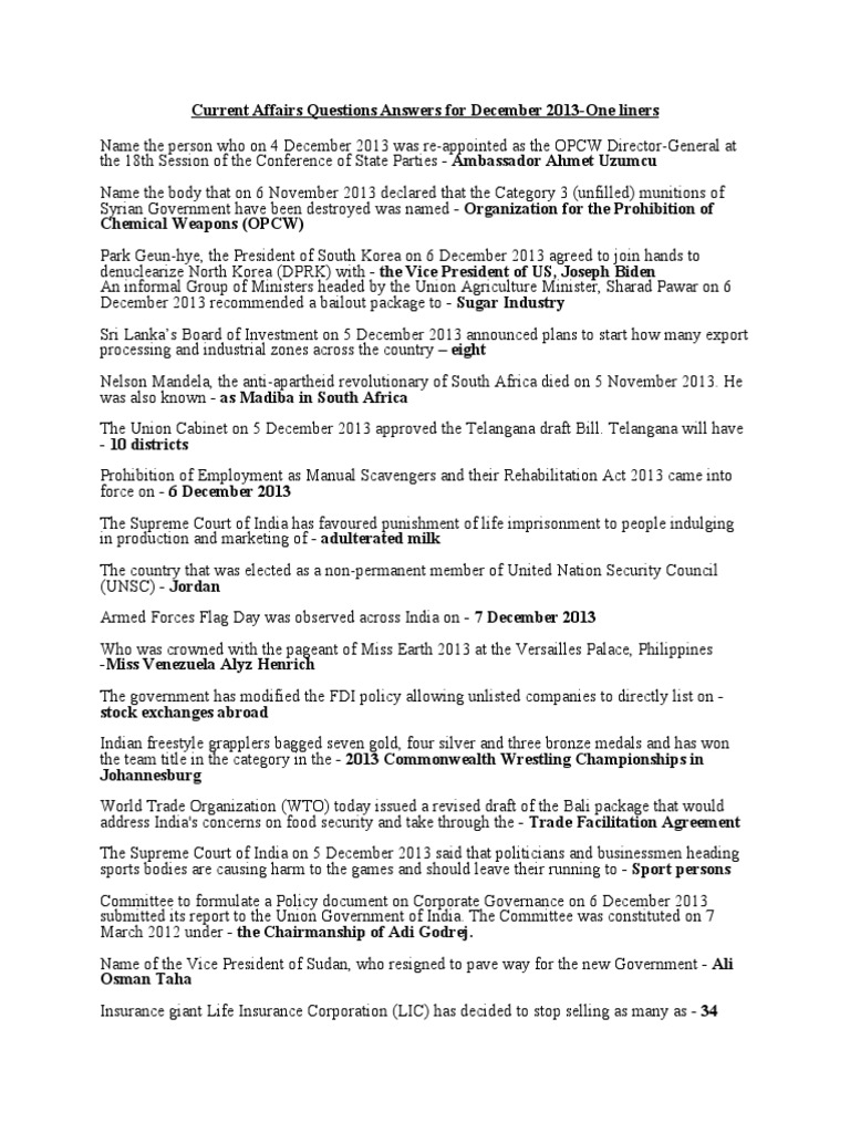 Current Affairs Questions Answers For December 2013 | PDF