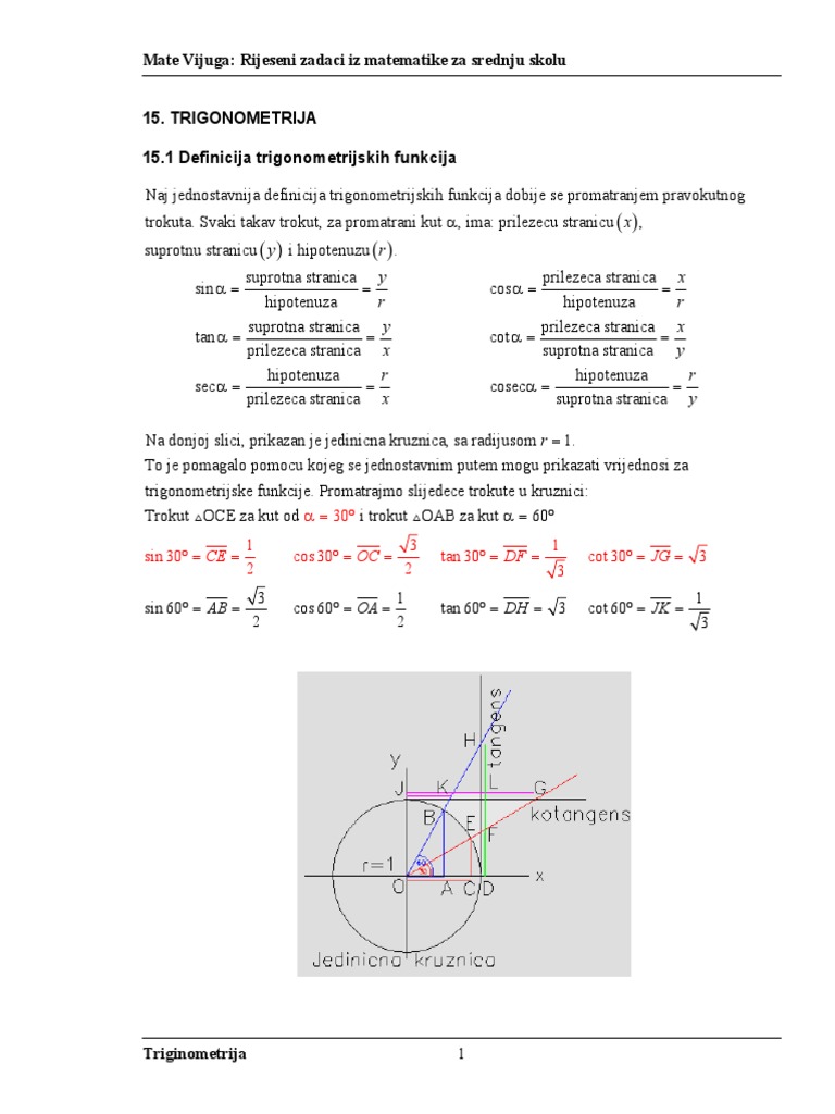 Trigonometrija, Zadatci I Primjeri Za Srednju Skolu, Sinus I Kosinus, Tangens I Kotangens | PDF