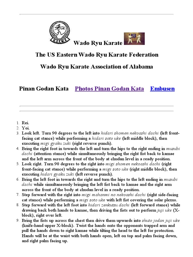 Wado Ryu Kata - Pinan Godan Kata | PDF | Japanese Karate | Combat Sports