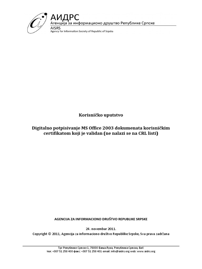 Digitalno Potpisivanje MS Office 2003 Dokumenata Korisnikim Certifikatom Koji Je Validan | PDF