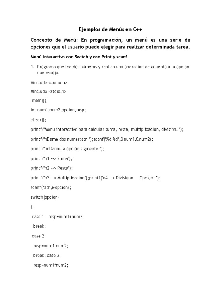 Ejemplos de Menús en C | PDF | Programación de computadoras | Informática