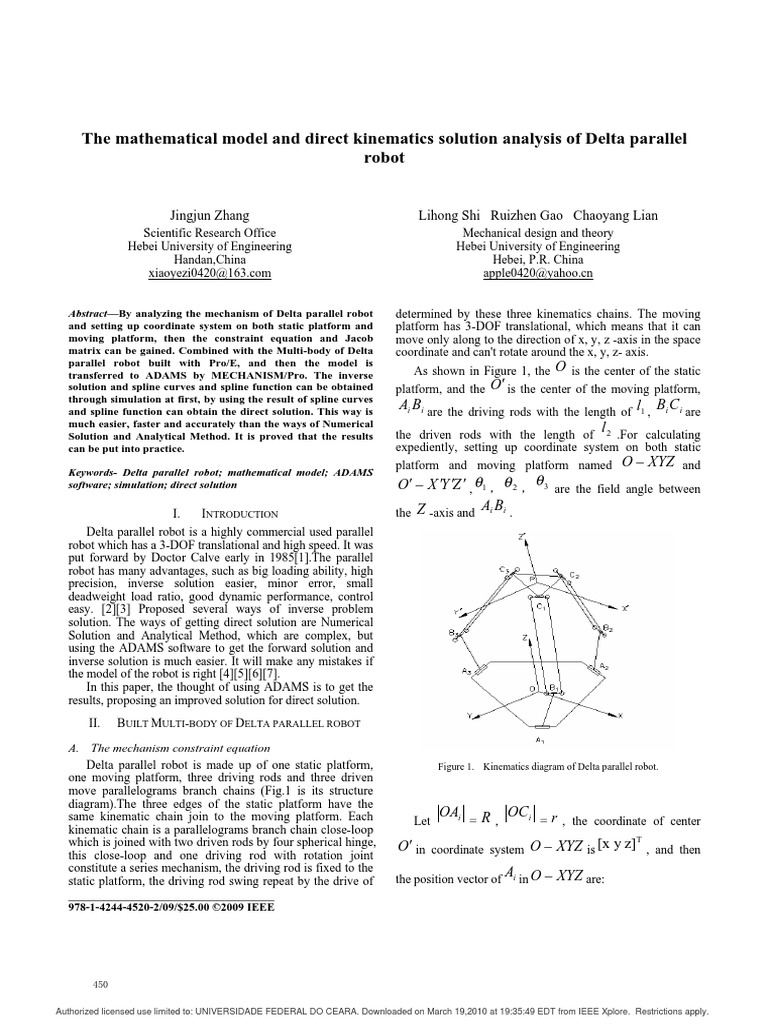 The Mathematical Model and Direct Kinematics Solution Analysis of Delta Parallel Robot | PDF ...
