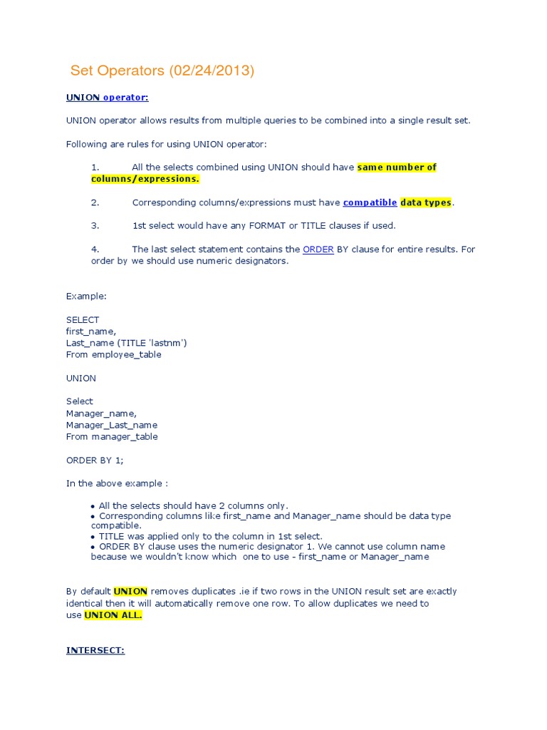 Set Operators | PDF | Sql | Table (Database)