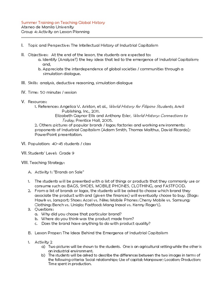 Lesson Plan On Emergence of Industrial Capitalism | PDF | Labour ...