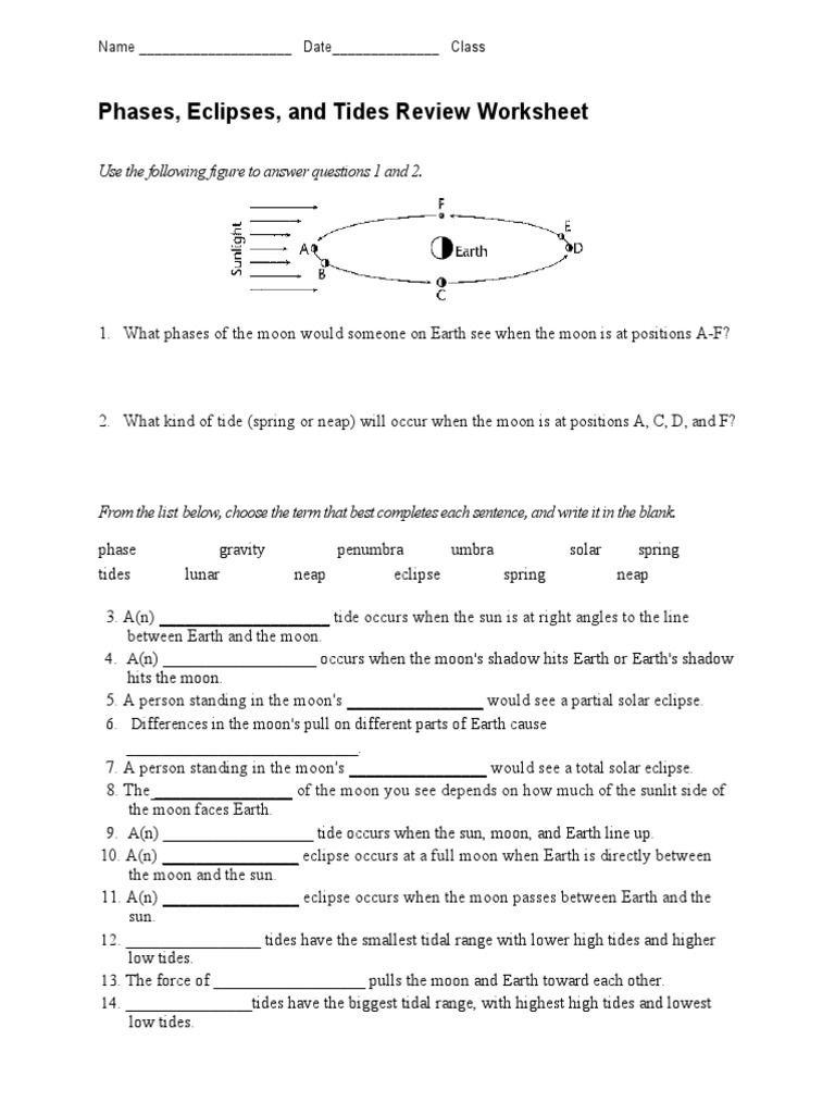 Phases Eclipses and Tides Worksheet | PDF | Eclipse | Tide