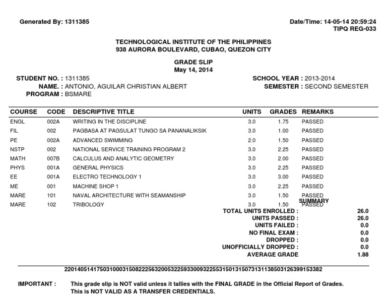 Grade Slip | PDF | Science & Mathematics