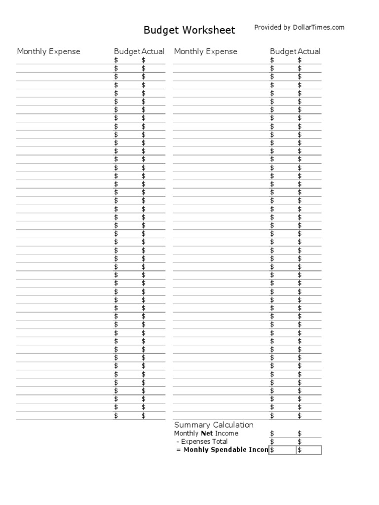 Blank Budget Worksheet by Dollartimes | PDF