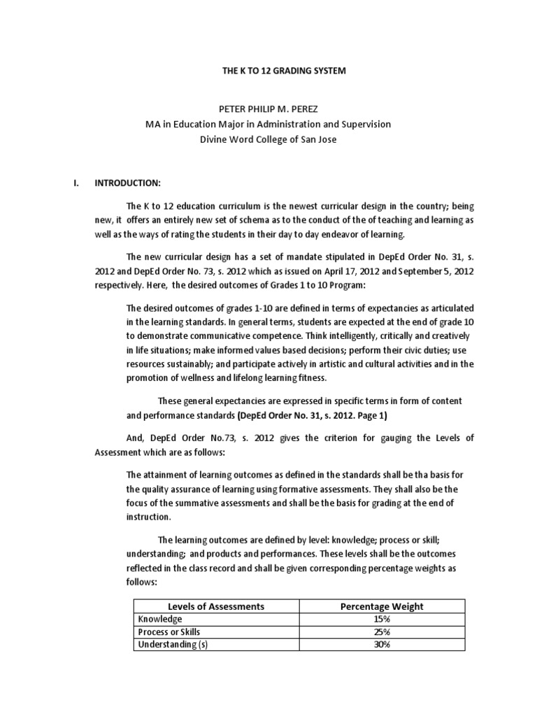 The K To 12 Grading System of The Philippines | Educational Assessment ...