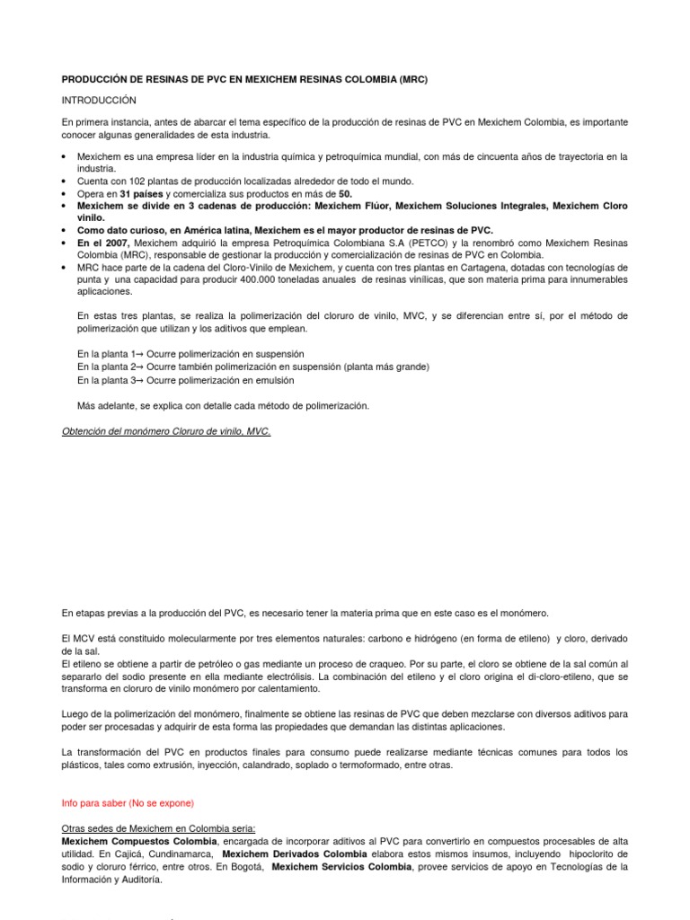 Producción de PVC en Mexichem Colombia | PDF | Cloruro de polivinilo ...