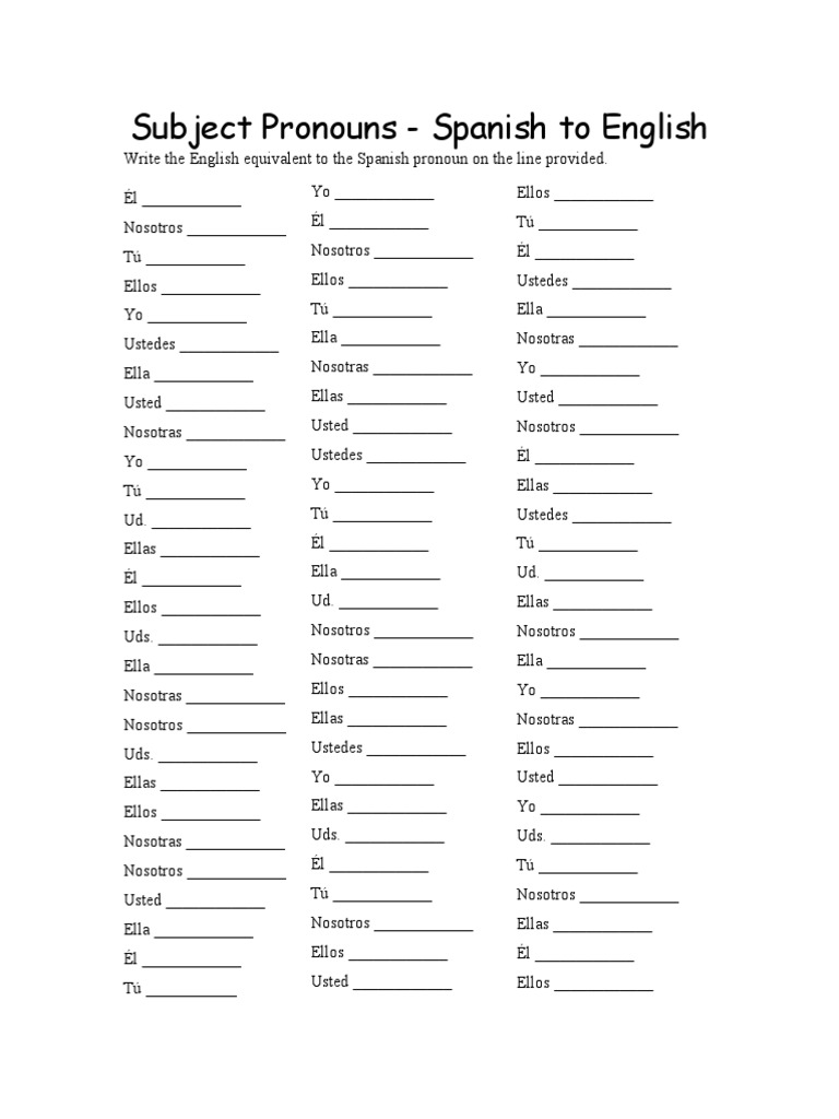 Worksheet Subject Pronouns Spanish To English | PDF