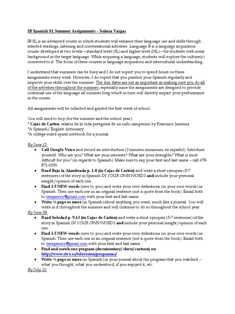 IB Spanish SL Summer Assignments | PDF | Spanish Language | Semiotics