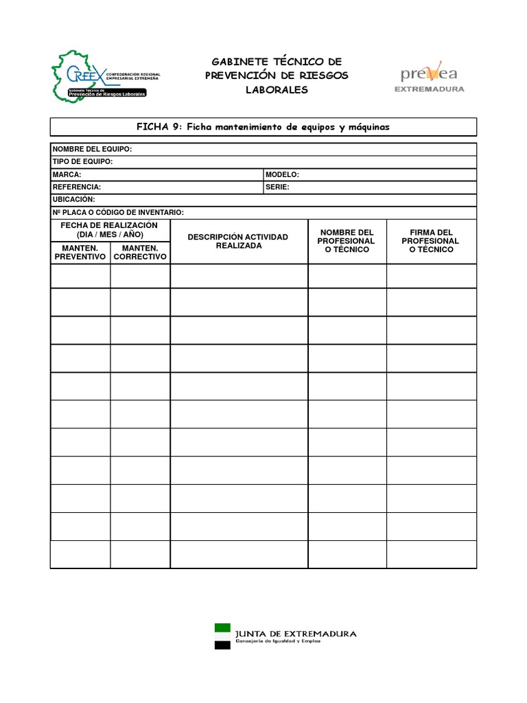Ficha de mantenimiento de equipos y máquinas: registro de actividades de prevención y corrección ...