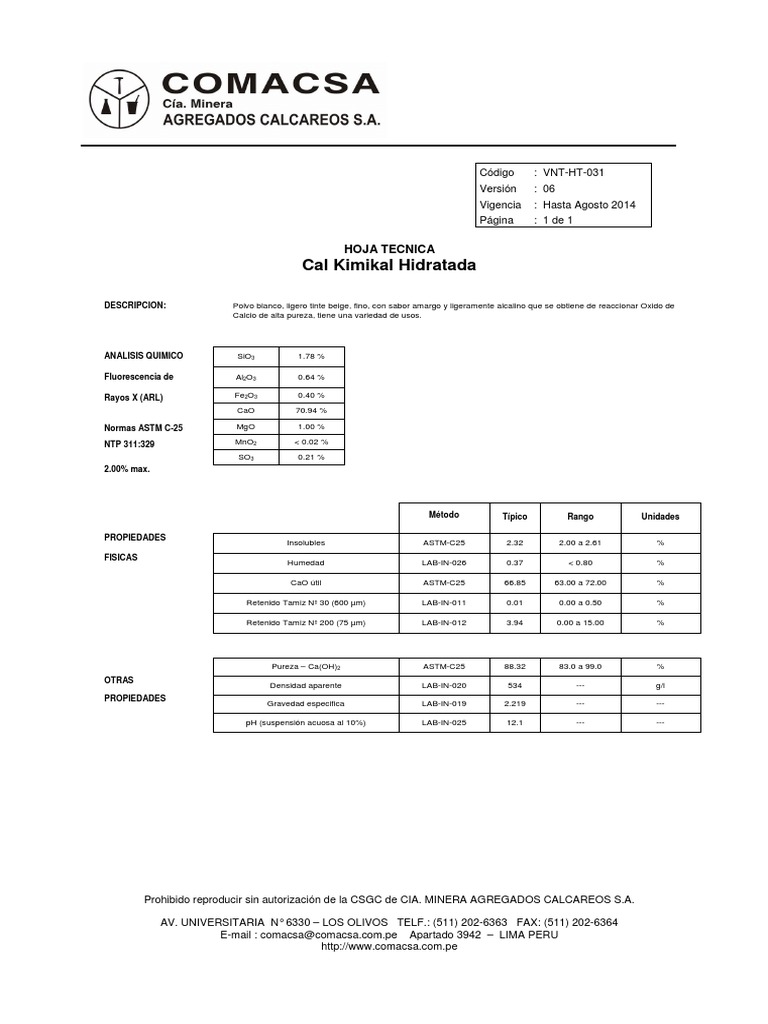 Ficha Tecnica - Cal Kimikal Hidratada | PDF | Calcio | Materiales