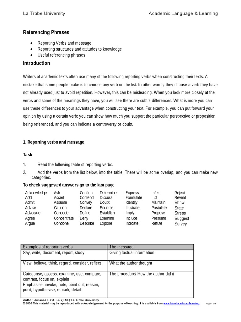 Referencing Phrases: 1. Reporting Verbs and Message Task | PDF ...