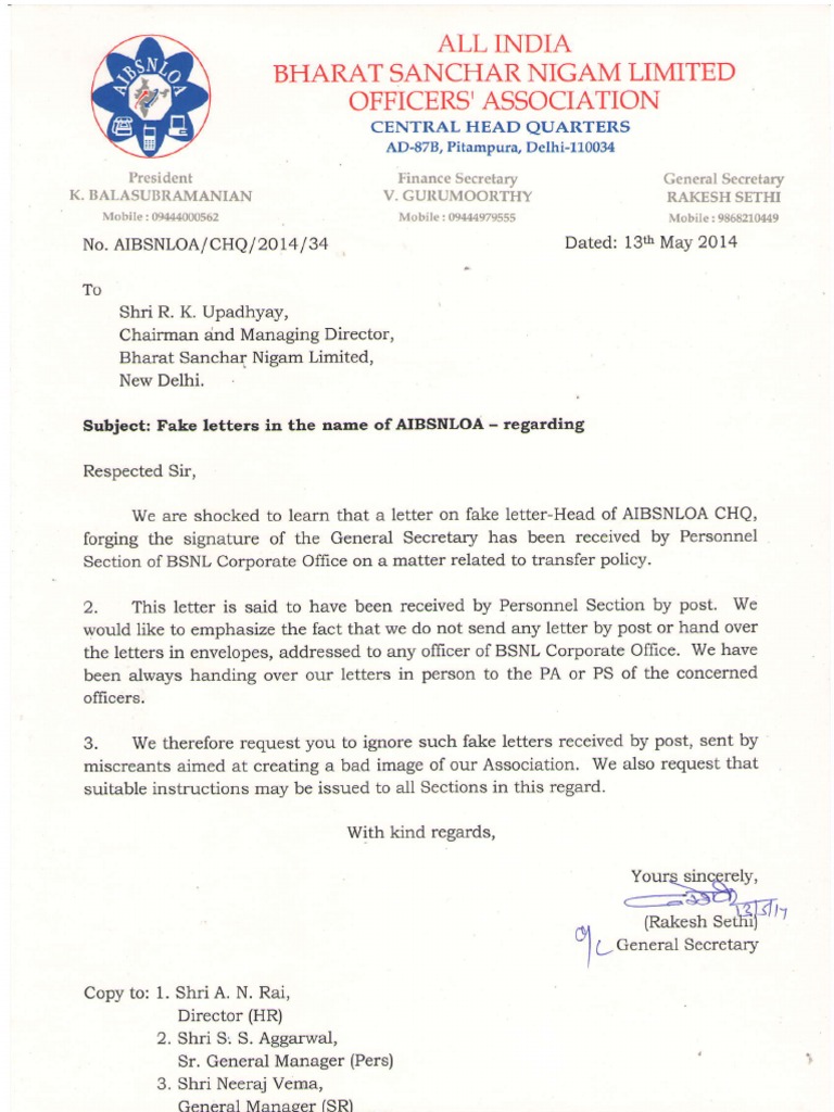 Fake AIBSNLOA Letters Alert | PDF | Career & Growth | Business