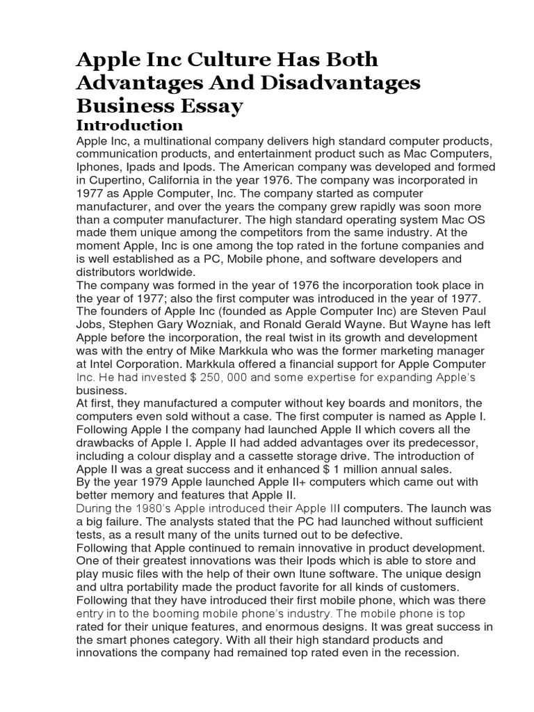 Apple Inc Culture Has Both Advantages and Disadvantages Business Essay ...