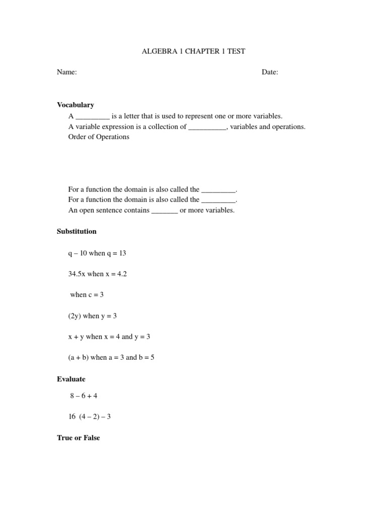 Algebra 1 Chapter 1 Test | PDF