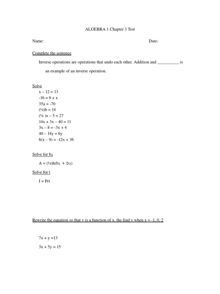 Algebra 1 Chapter 3 Test | PDF | Equations | Algebra