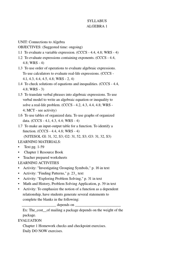 Esl Alg1 Syllabus | PDF | Equations | Function (Mathematics)