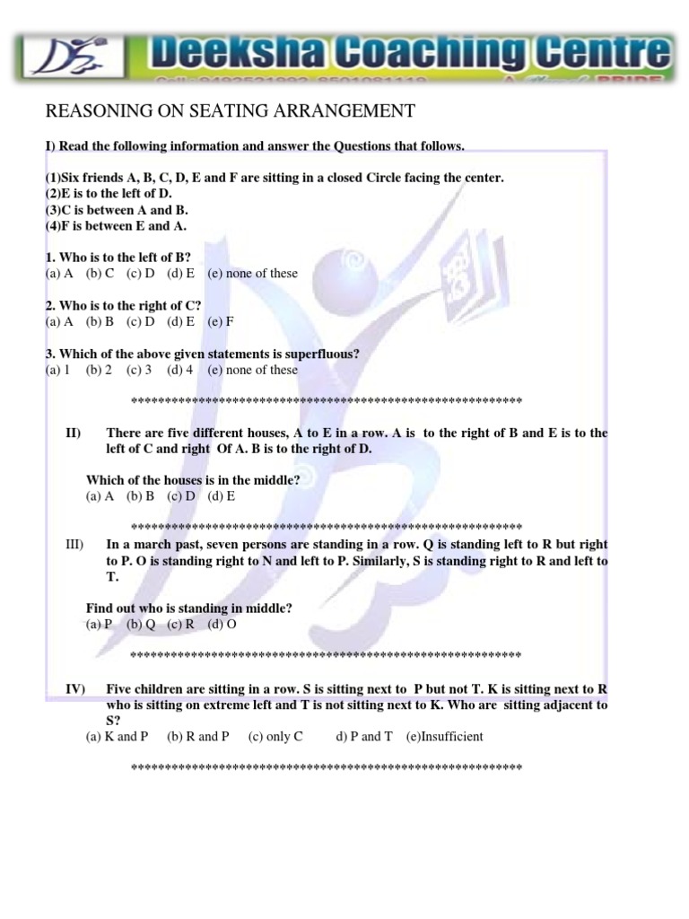 Reasoning On Seating Arrangement | PDF | Teaching Mathematics