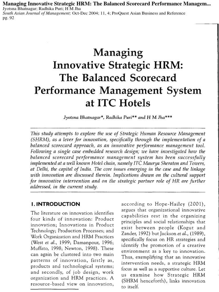 The Balanced Scorecard Performance Management System at Itc Hotels | PDF