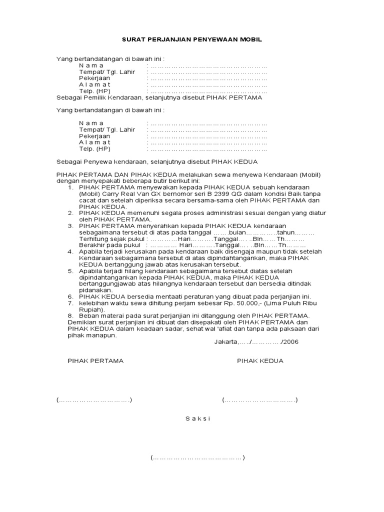 Surat Perjanjian Penyewaan Mobil | PDF
