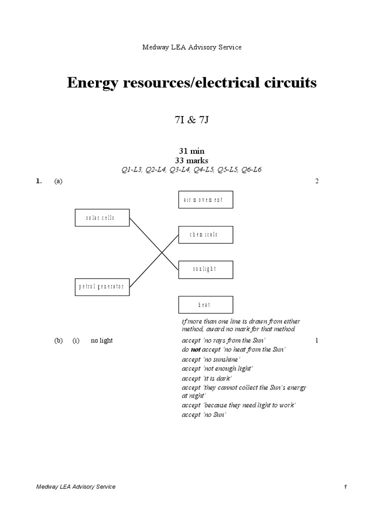 Year 7 Energy Resources and Electrical Circuits Mark Scheme | PDF ...