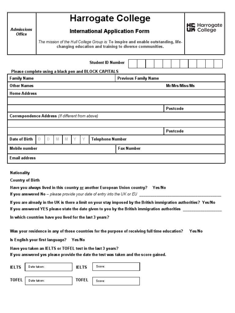 Harrogate International Application Form | PDF | Learning Disability ...
