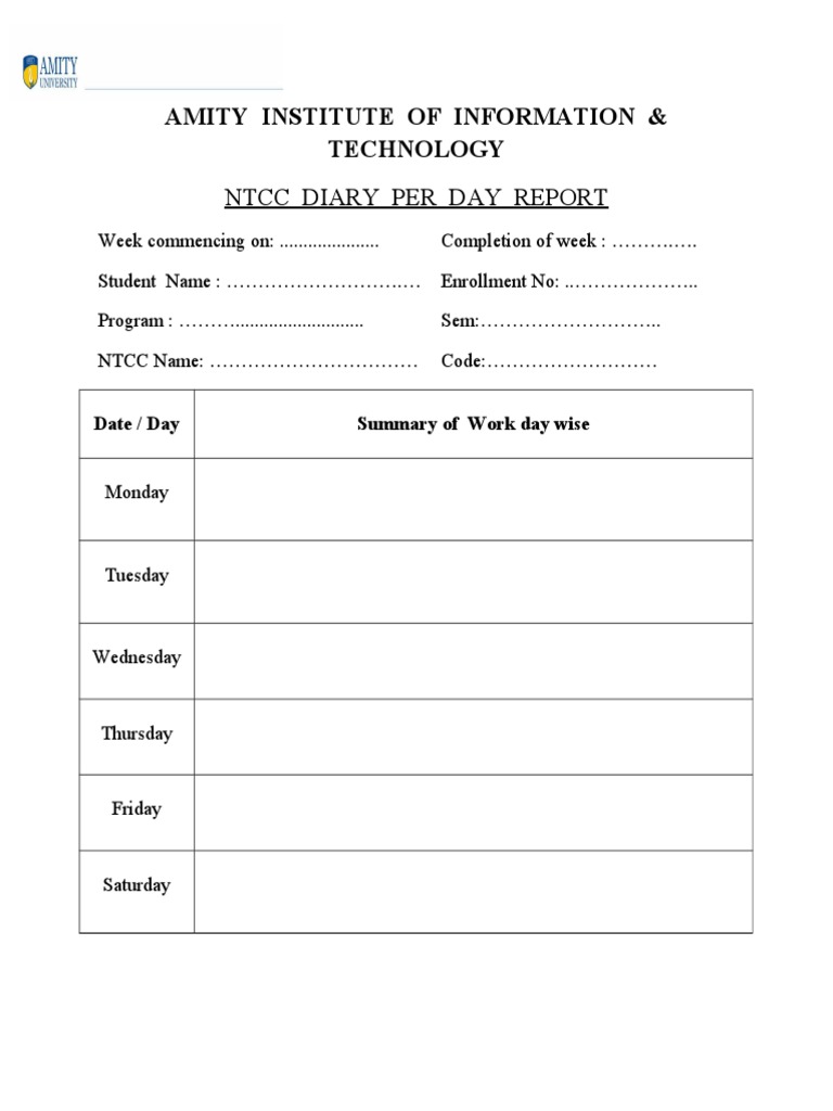 Amity Institute NTCC Diary Report | PDF