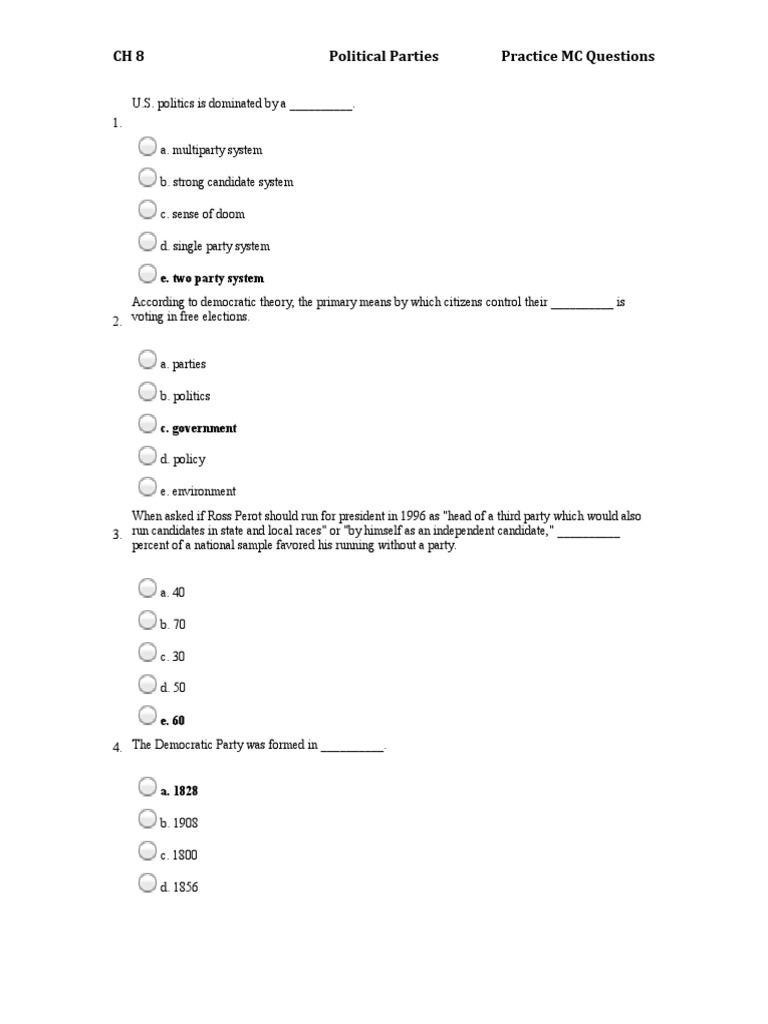 Multiple Choice Questions on Key Concepts of Political Parties in the ...
