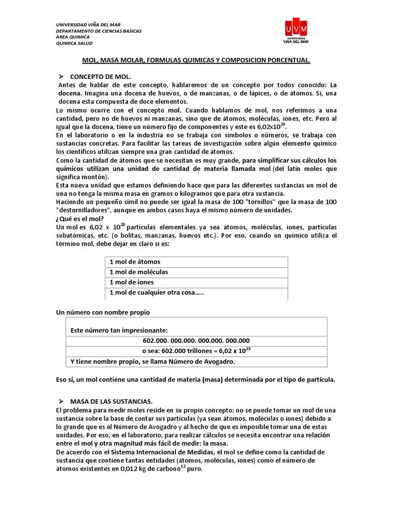 Mol, Masa Molar, Formulas Quimicas y Composicion Porcentual PDF | PDF ...